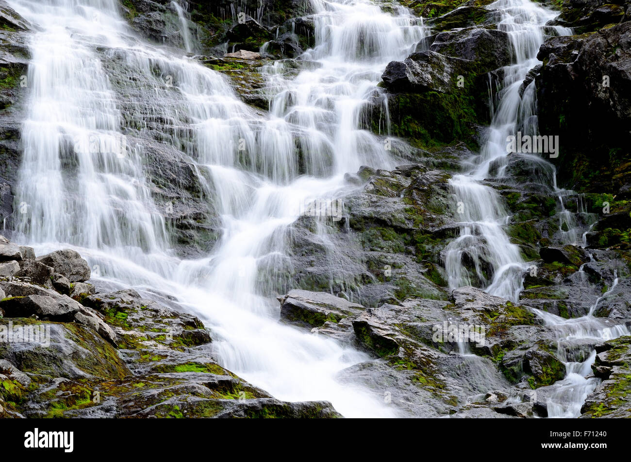 clean fresh water stream running down mountain side in summer landscape ...