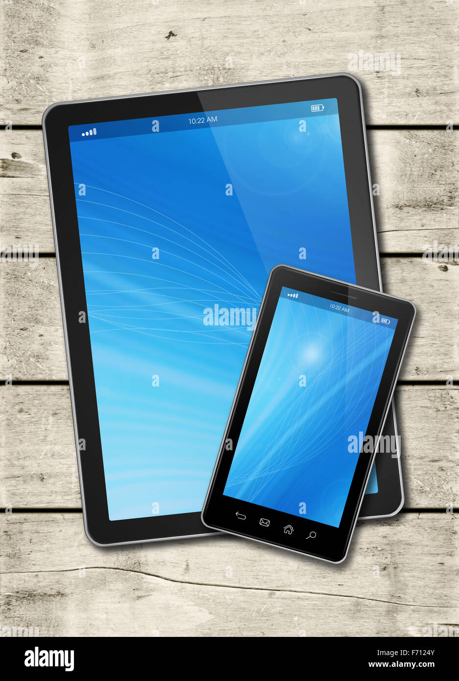 Smartphone and digital tablet PC on a white wood table - vertical ...