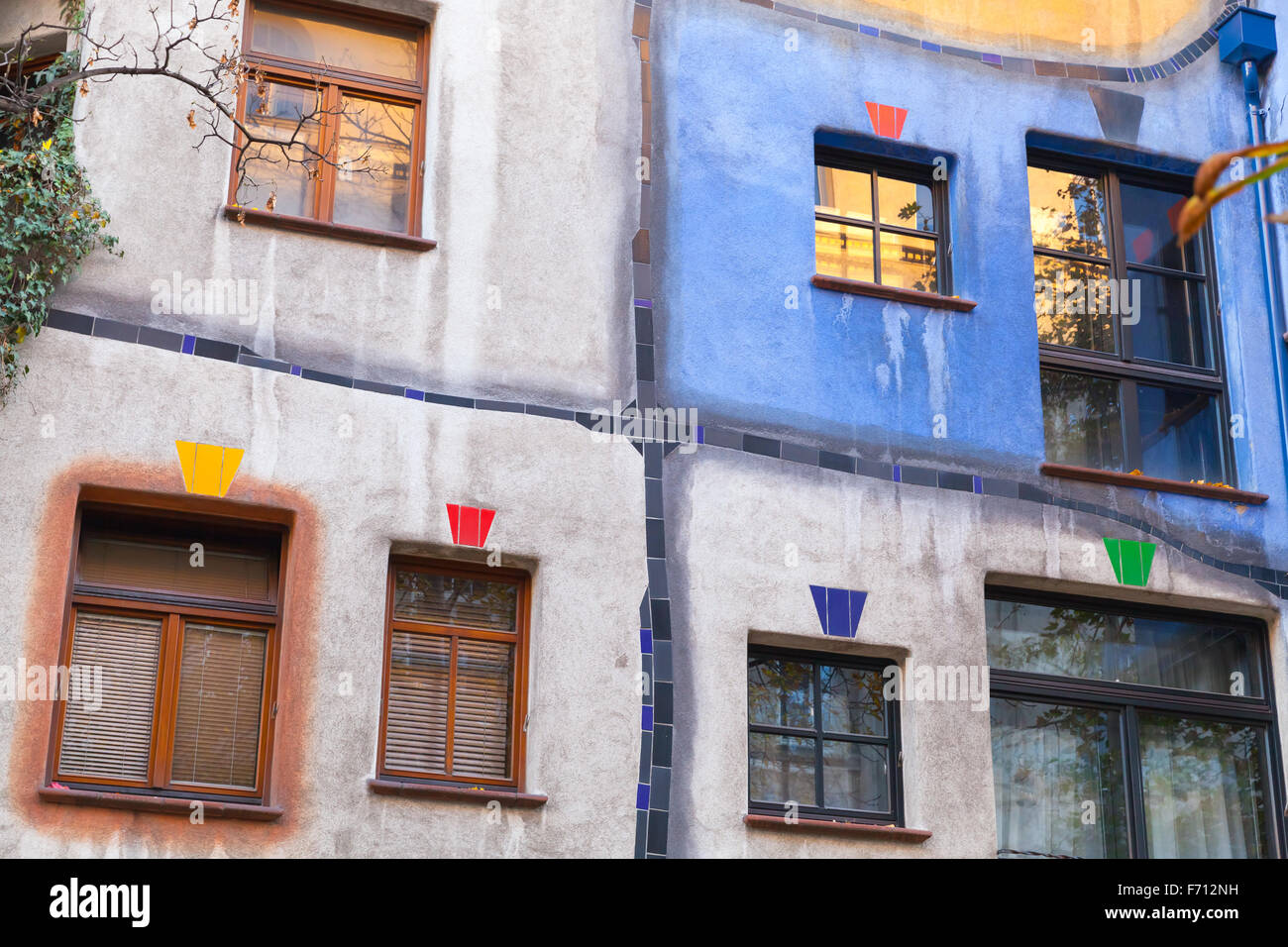 Hundertwasser house, colorful facade fragment, Vienna, Austria. One of ...