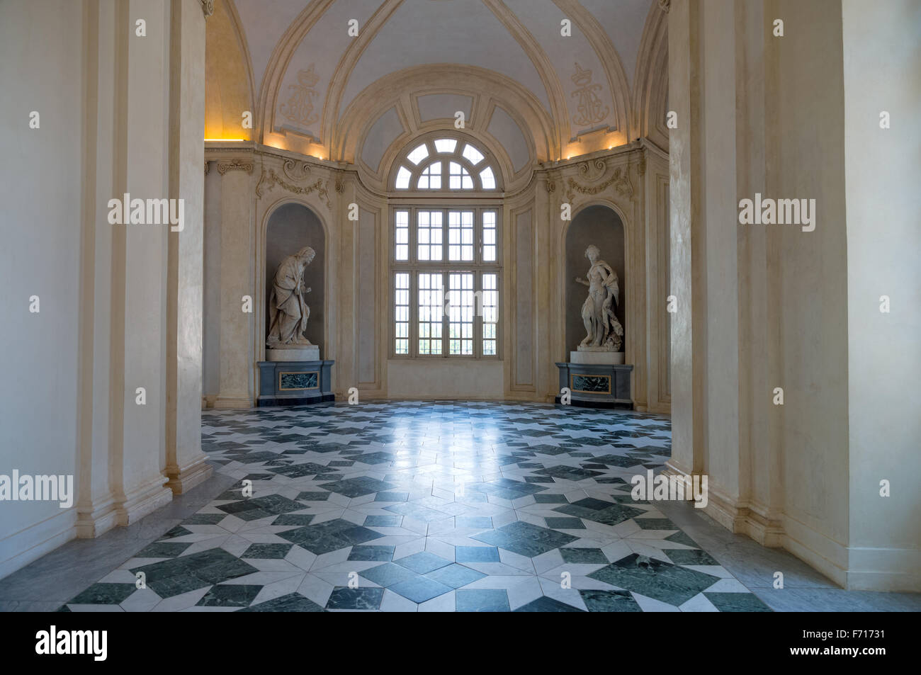 Italy, Venaria, Royal Palace, window and statues of the gallery Stock ...