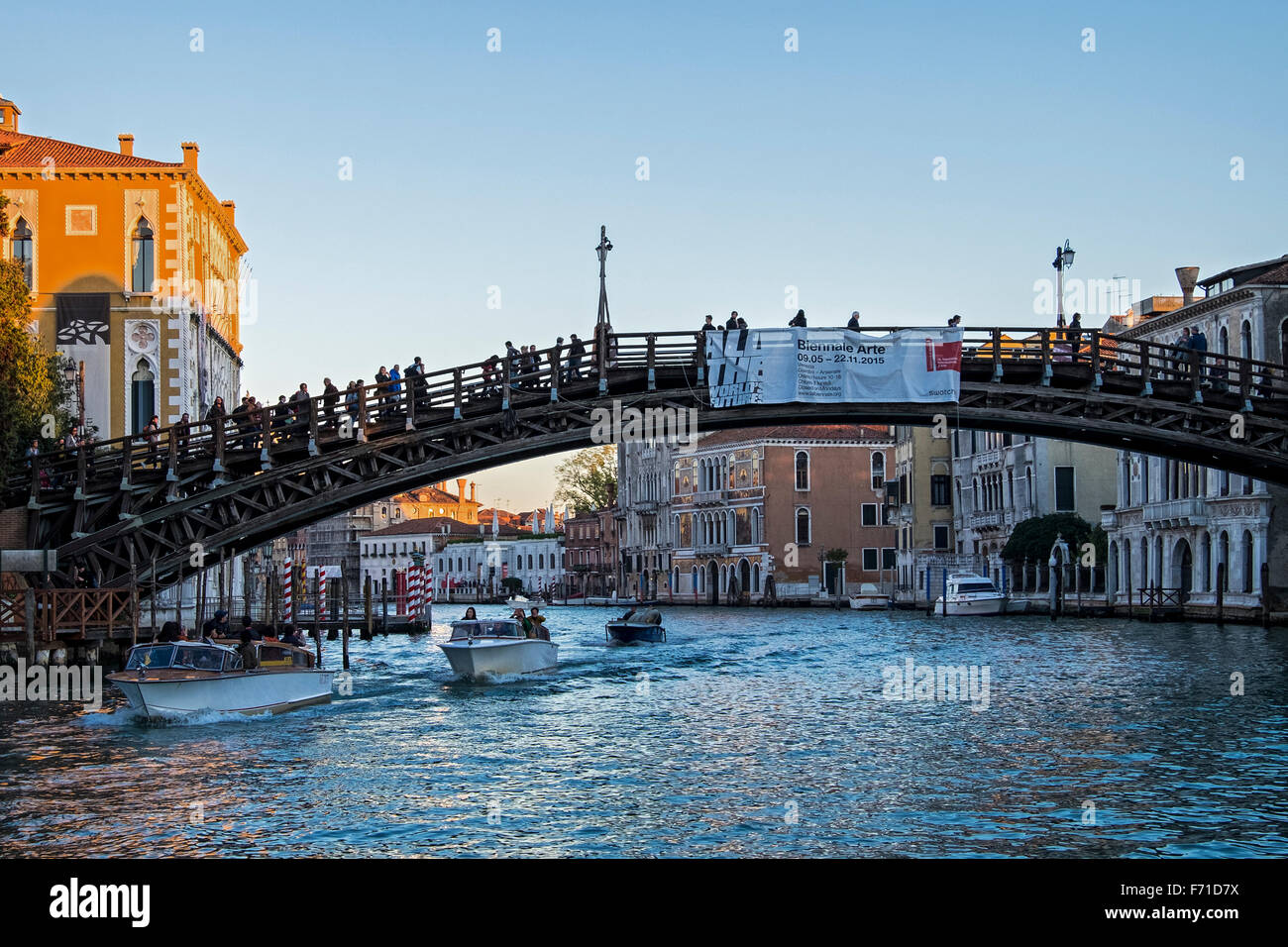 Italy, Venice, Grande Canale, Ponte Academia bridge, motor boats and ...