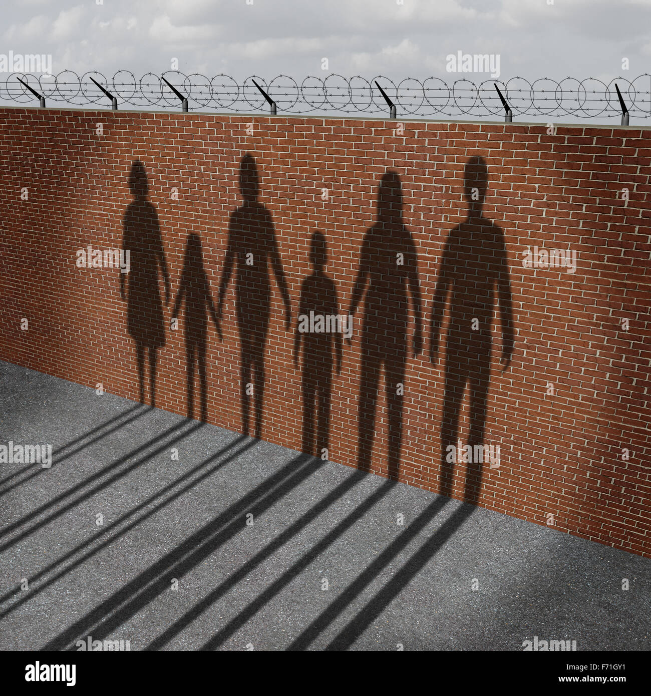 Immigration people on a border wall as a social issue about refugees or ...