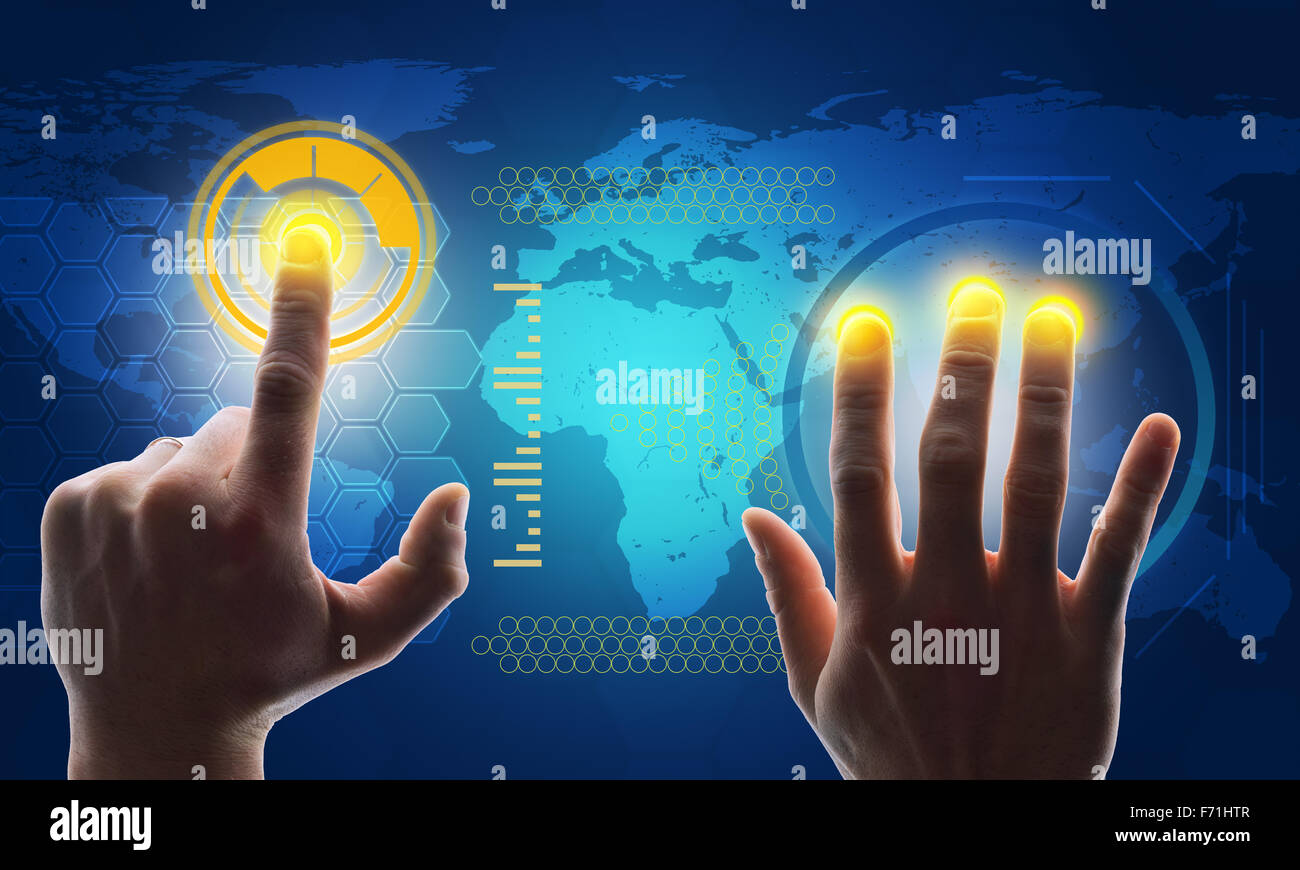 Buisnessman hands touching blue holographic screen Stock Photo - Alamy