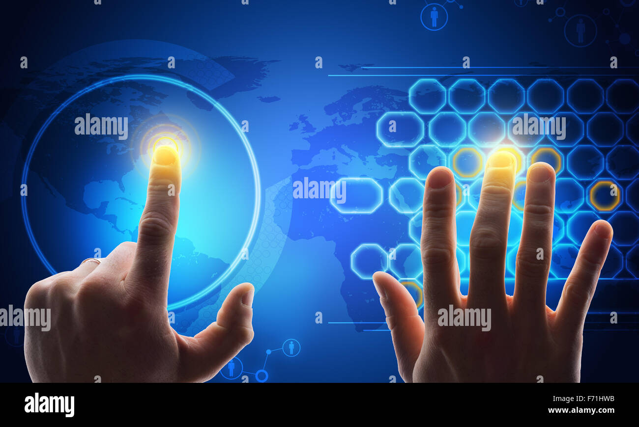 Humans hands touching blue holographic screen Stock Photo - Alamy