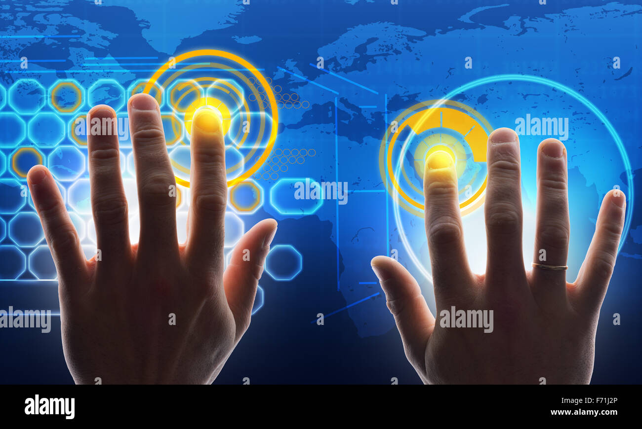 Hands touching blue holographic screen Stock Photo - Alamy