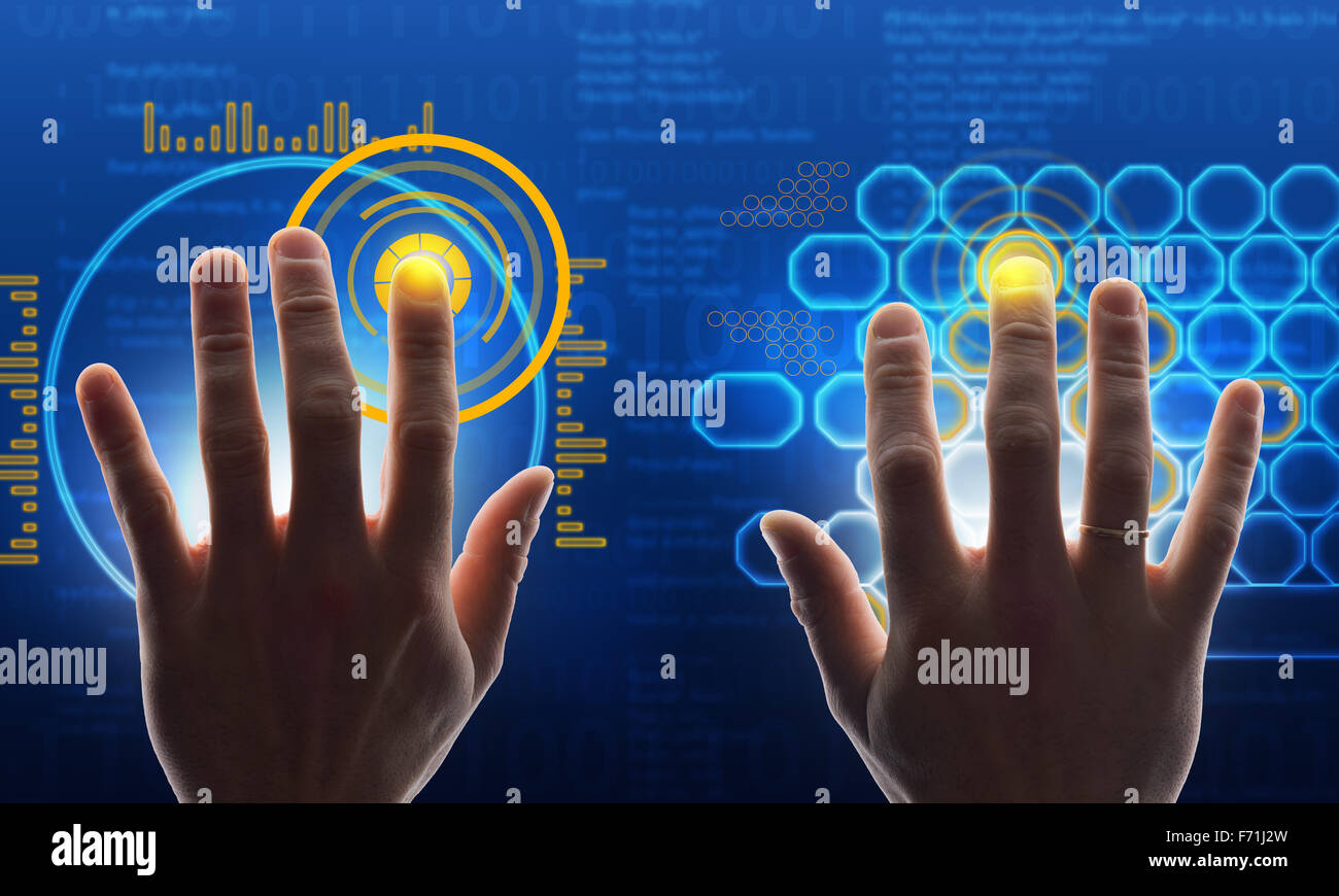 Hands touching blue holographic screen Stock Photo - Alamy