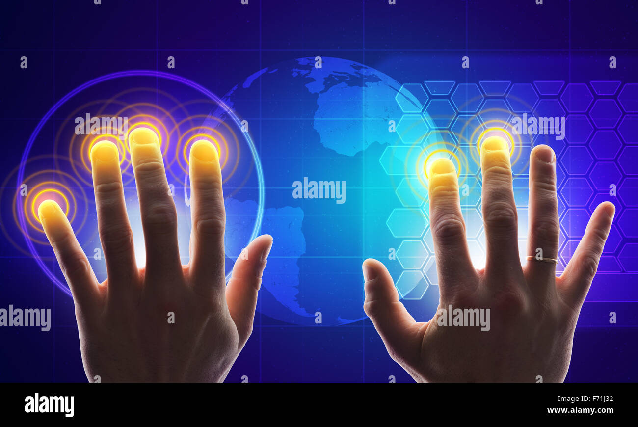 Hands with holographic screen Stock Photo - Alamy