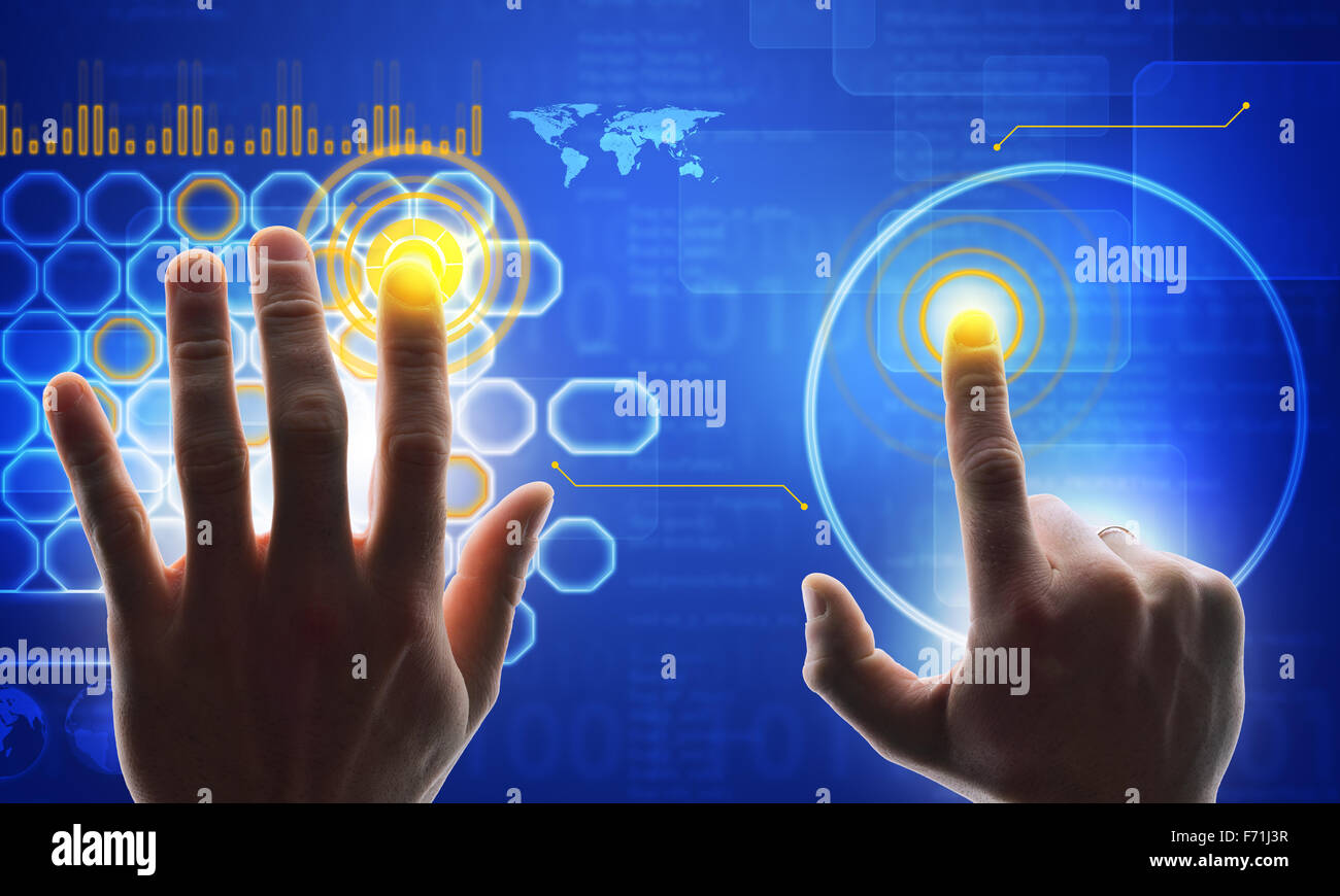 Hands touching holographic screen Stock Photo - Alamy