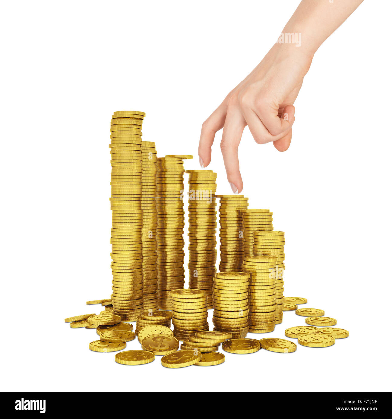 Womans hand with gold coins on white Stock Photo - Alamy