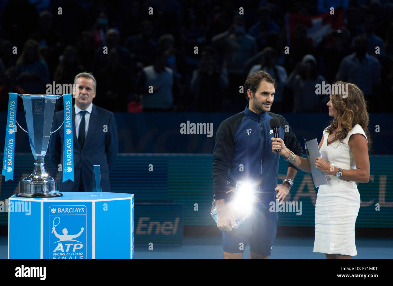 Runner up Roger Federer at the ATP World Tour Finals 2015 presentation ...