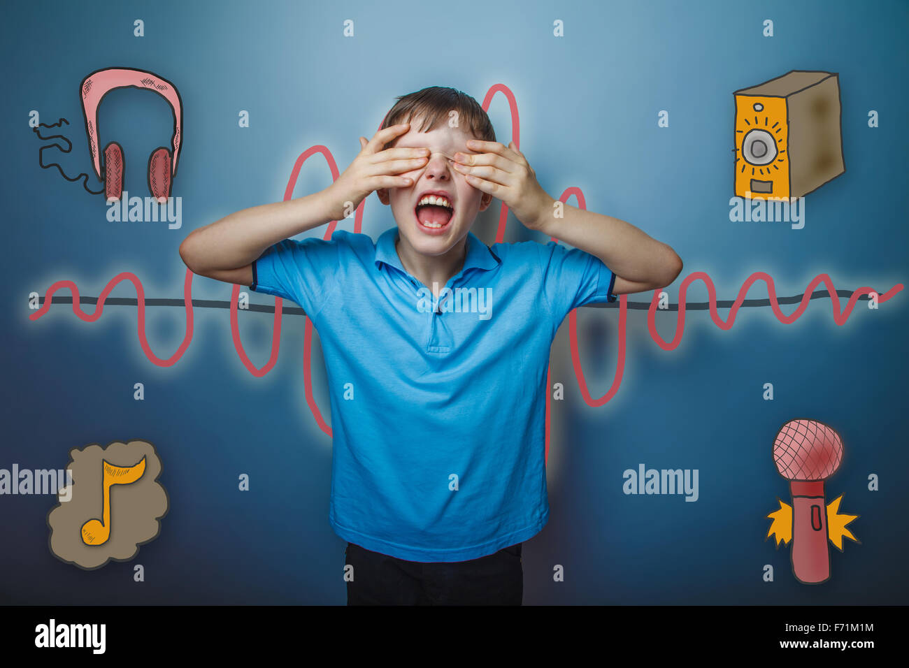 Teen boy screaming opened his mouth closed eyes hands a sound wa Stock ...