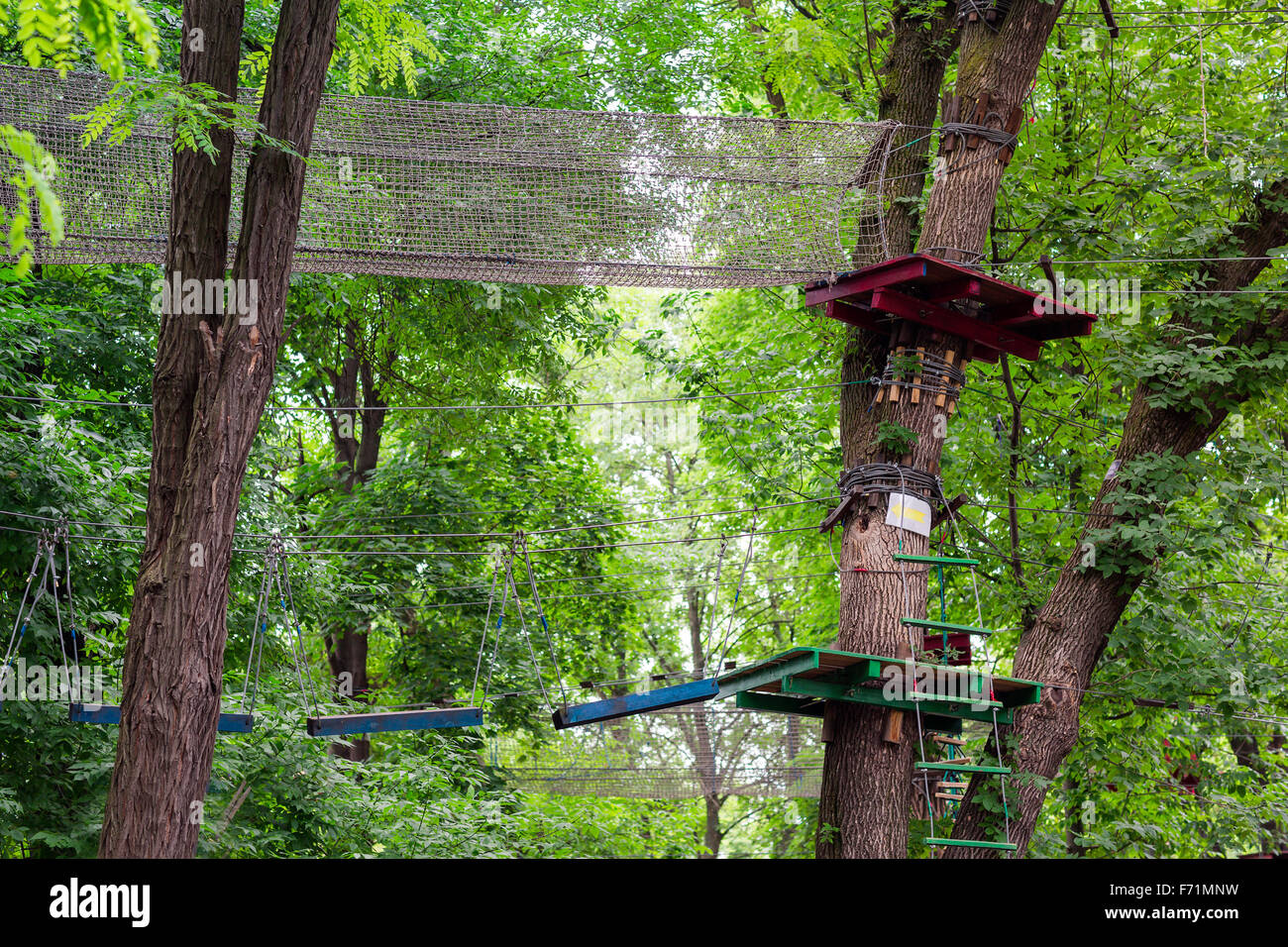 Adventure climbing high wire park, rope extreme park Stock Photo - Alamy