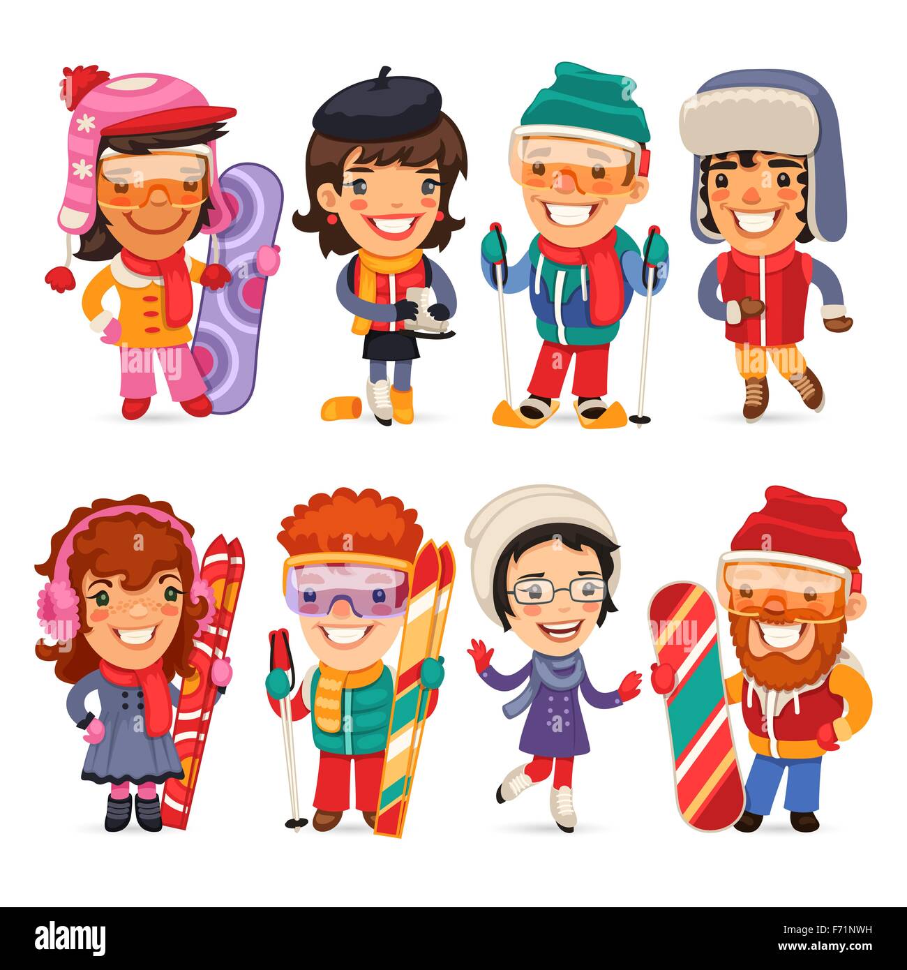 Cute Cartoon Skiers, Skaters and Snowboarders Stock Vector Image & Art ...