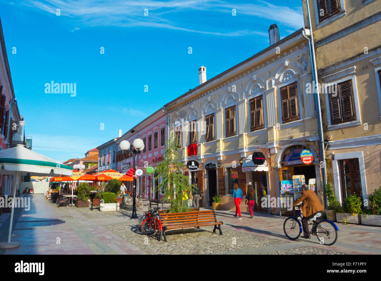 Rruga Kole Idromeno, pedestrian street, Shkoder, northwestern Albania ...