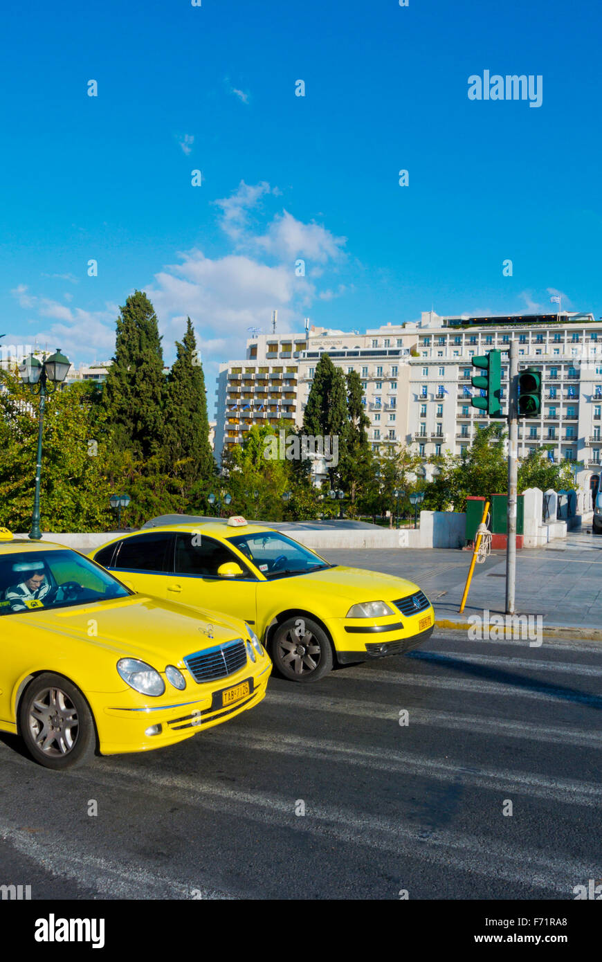 Taxis at traffic lights, Syntagma square, Athens, Greece Stock Photo ...