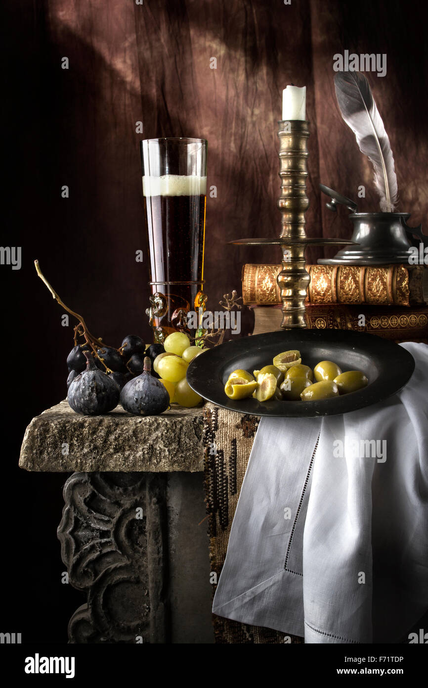 Still Life with Beer and Fruit Stock Photo - Alamy
