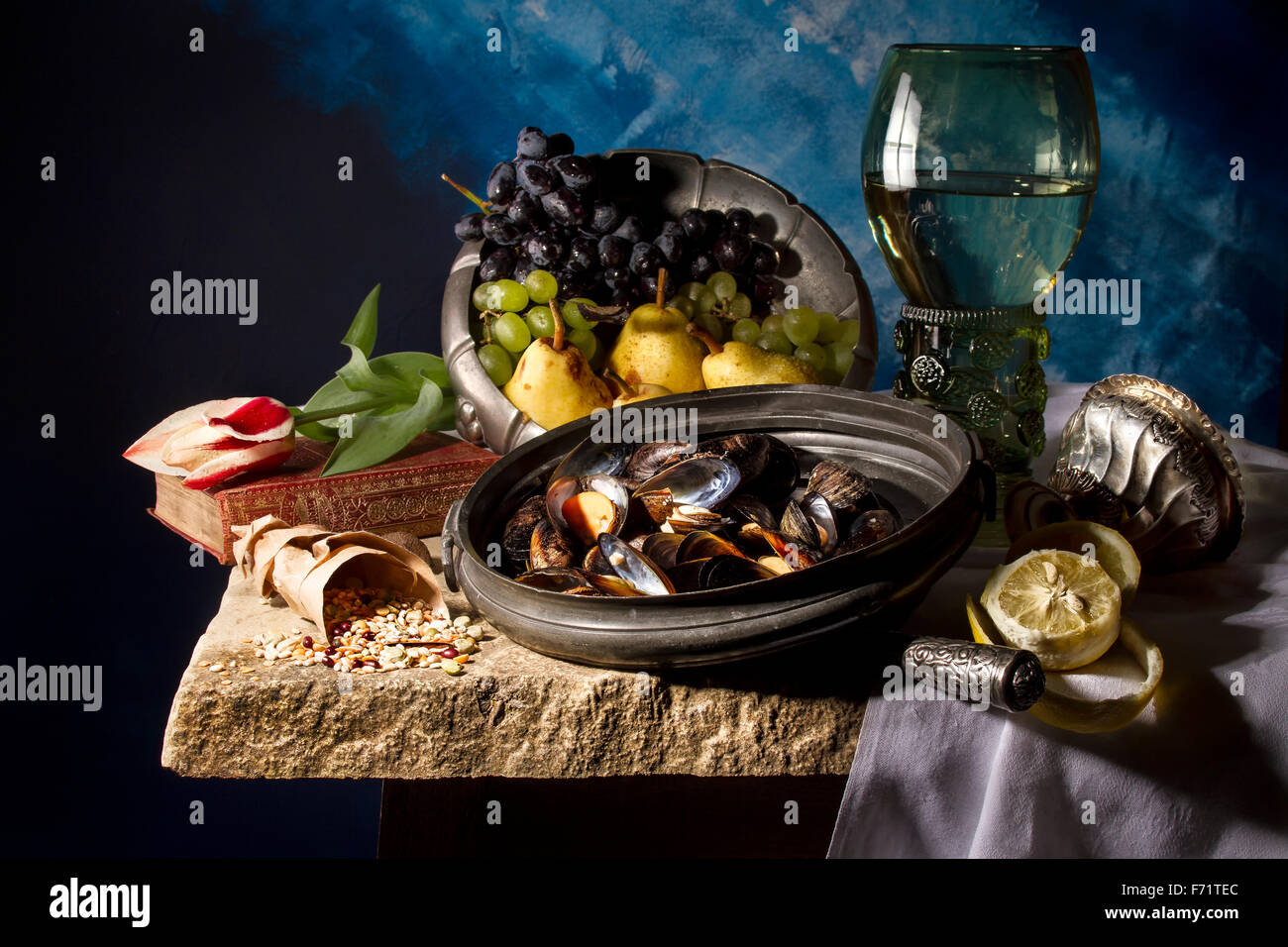 Still Life with Mussels and Fruit Stock Photo - Alamy