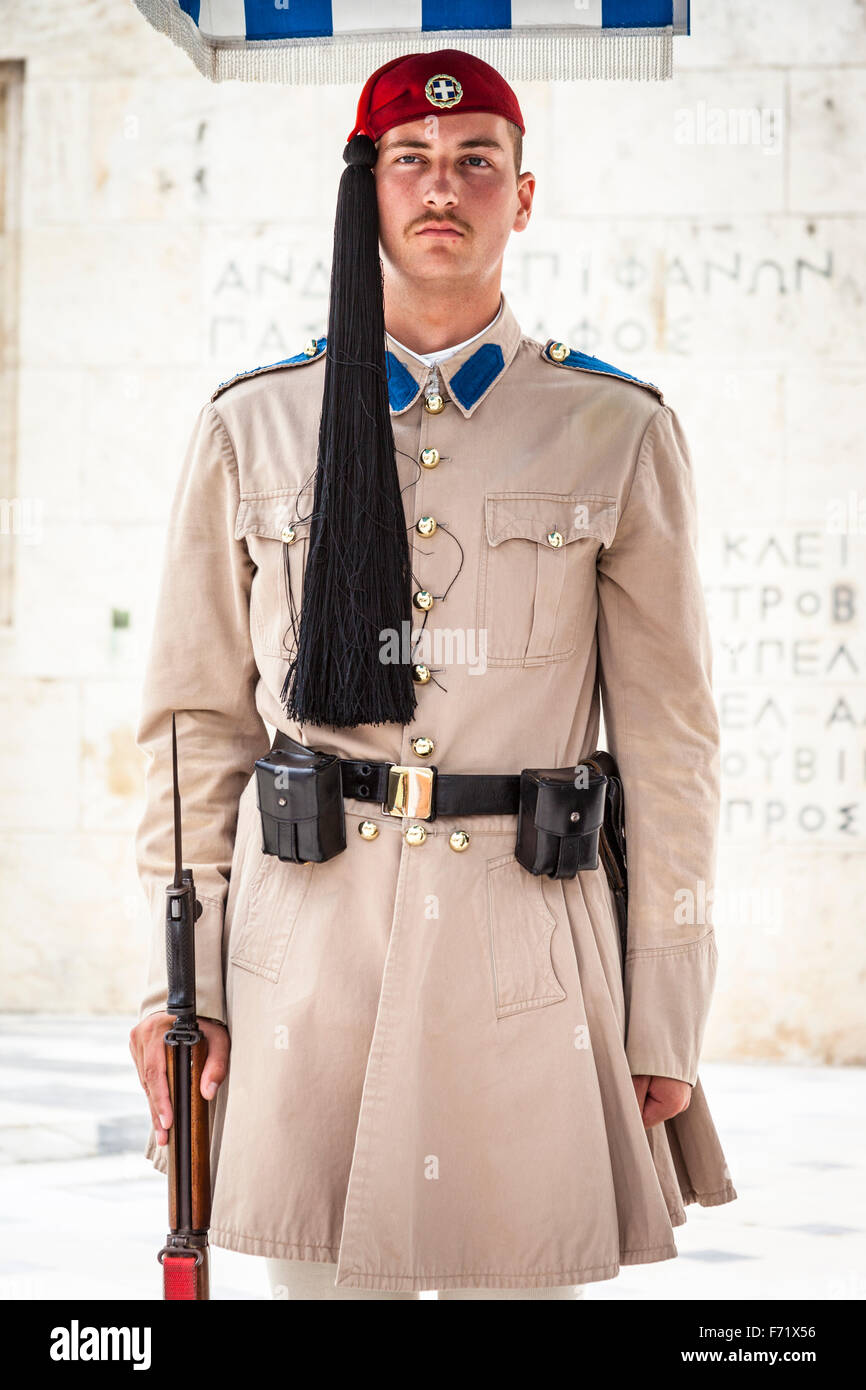 Greek soldier, an Evzone, on sentry duty outside the Parliament ...