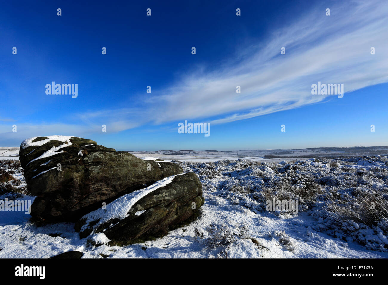 January, winter snow view over Froggatt Edge and Big Moor; Derbyshire ...