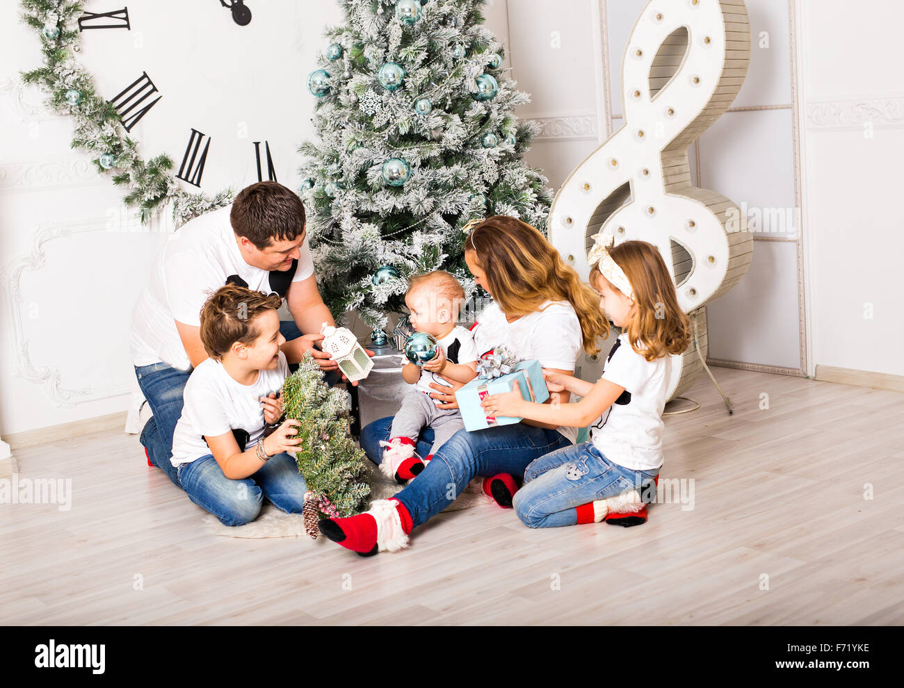 Christmas Family Portrait In Home Holiday Living Room, Kids and Baby ...