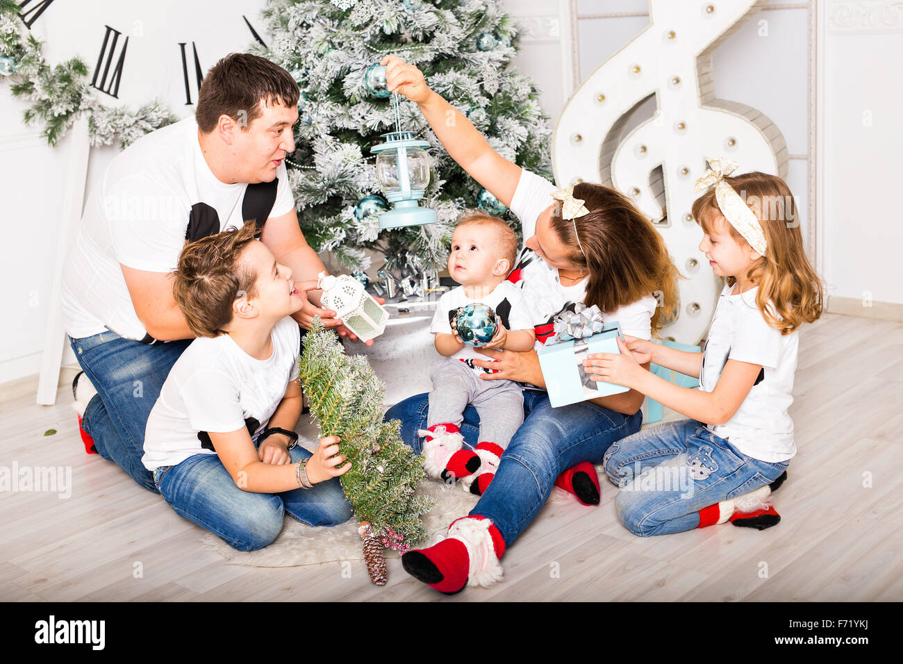 Christmas Family Portrait In Home Holiday Living Room, Kids and Baby ...