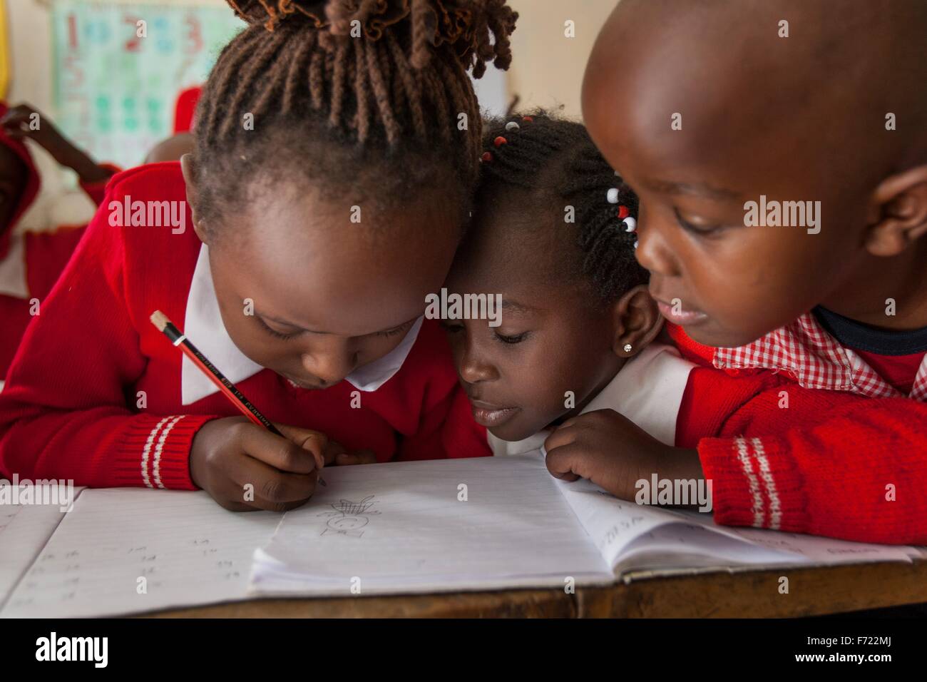 Young Kenyan children work together during a class exercise at the ...