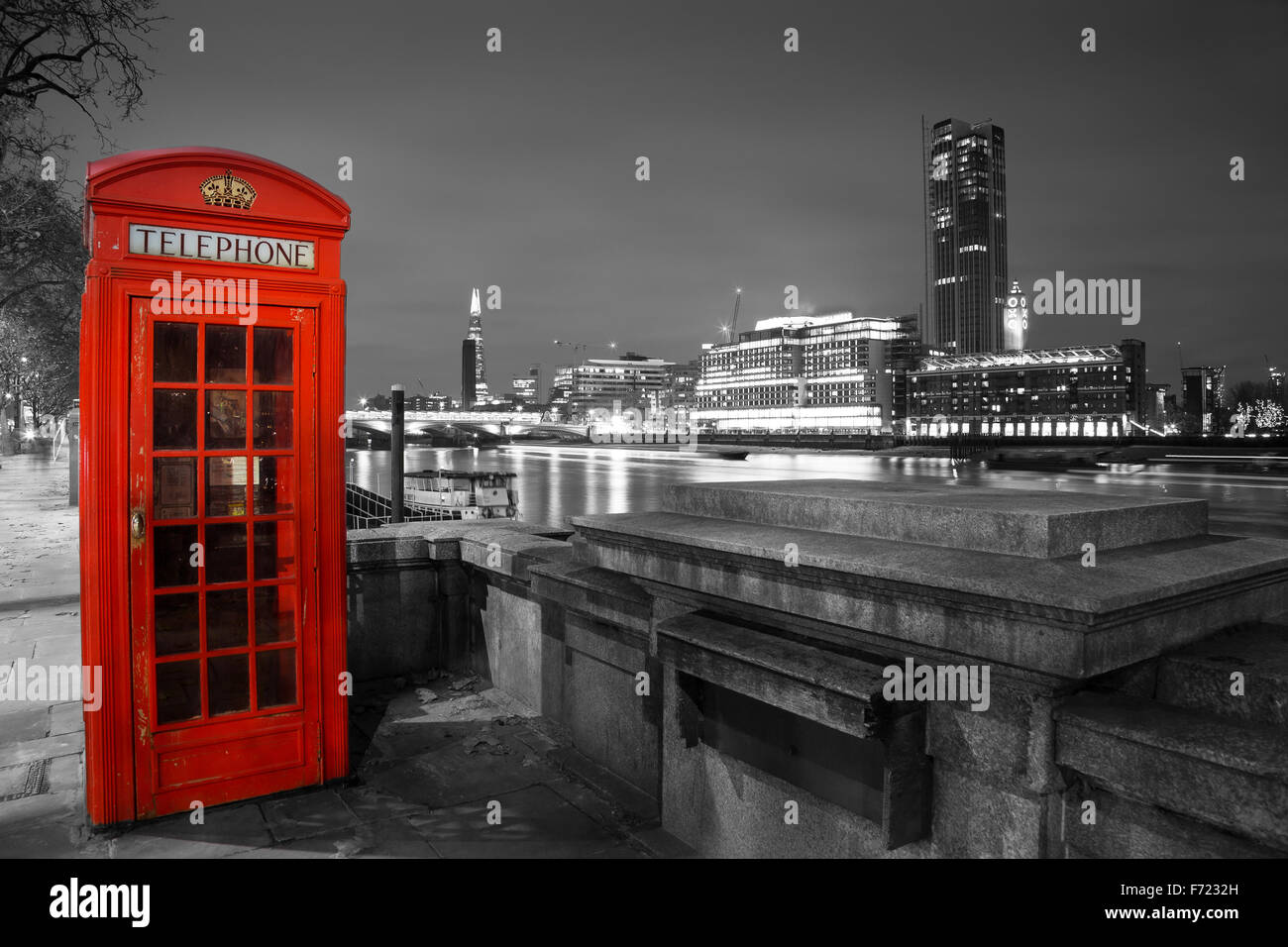Classic Red Telephone Box by the Thames, Night Scene Stock Photo - Alamy