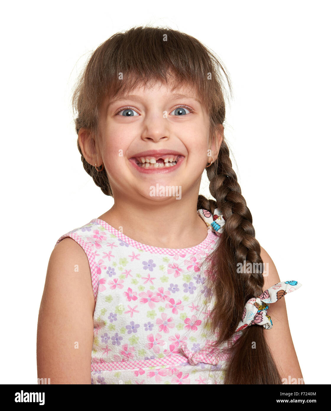 happy lost tooth girl portrait, studio shoot on white background Stock ...