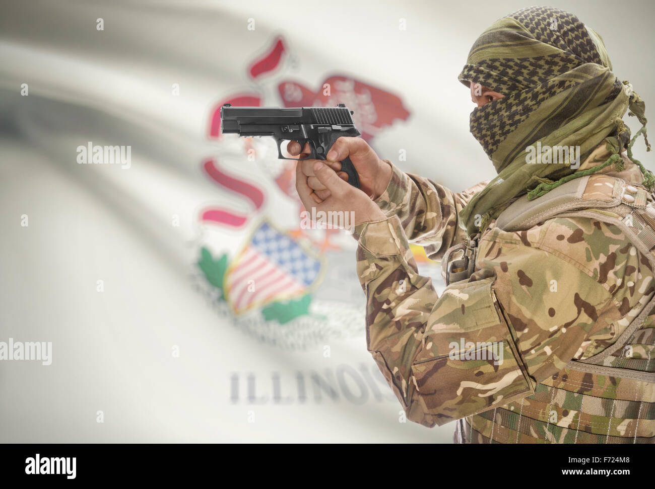 Male in muslim keffiyeh with gun in hand and flag on background series ...