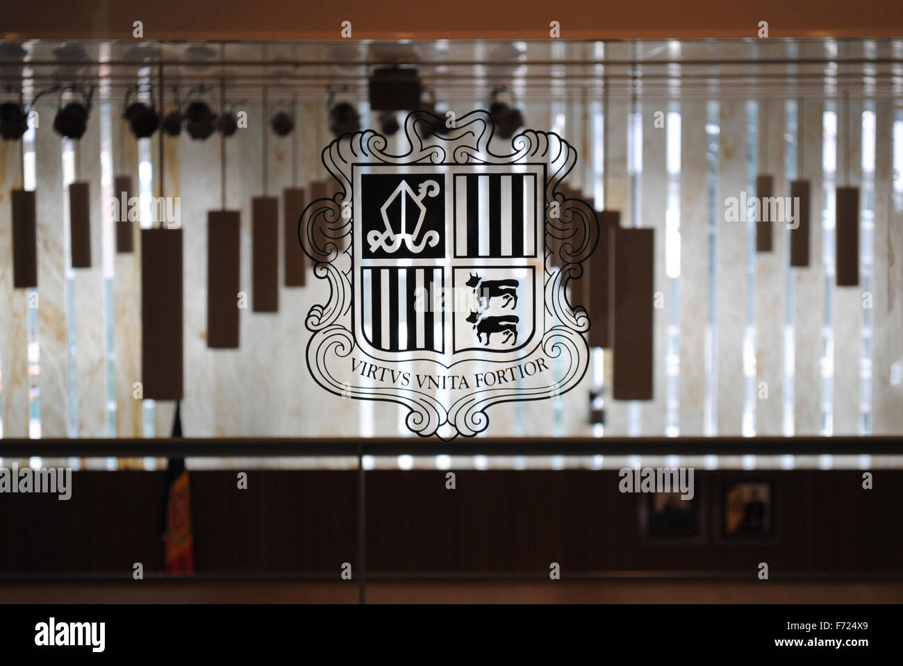 The coat-of-arms of the tiny Principality of Andorra on a clear glass ...