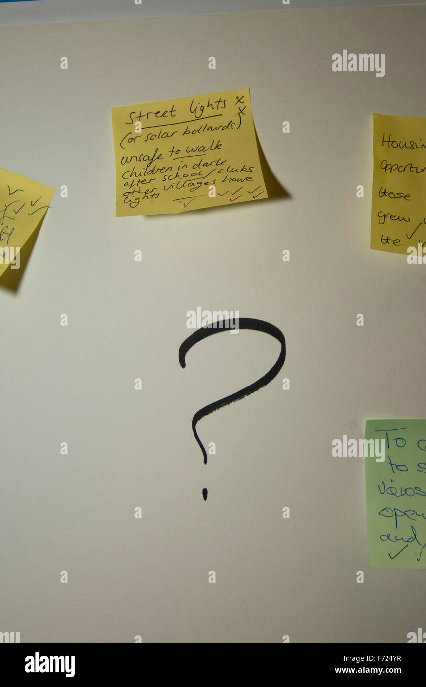 Question mark and post it notes on board Stock Photo - Alamy