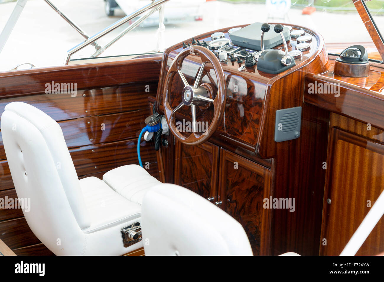 Instrument panel and steering wheel of a motor boat Stock Photo - Alamy