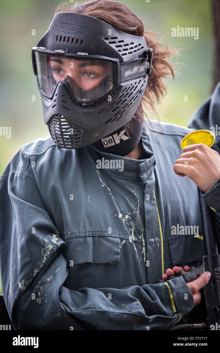 Portrait of a paintball player girl. Paintballing woman Stock Photo - Alamy