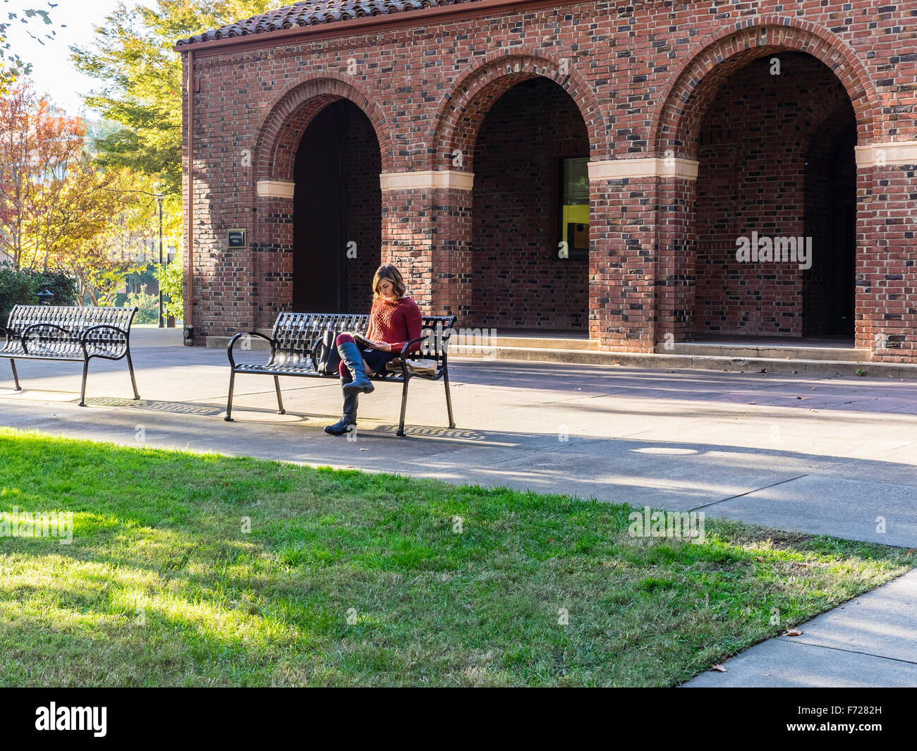 A female university student sits on a metal bench and studies in late ...