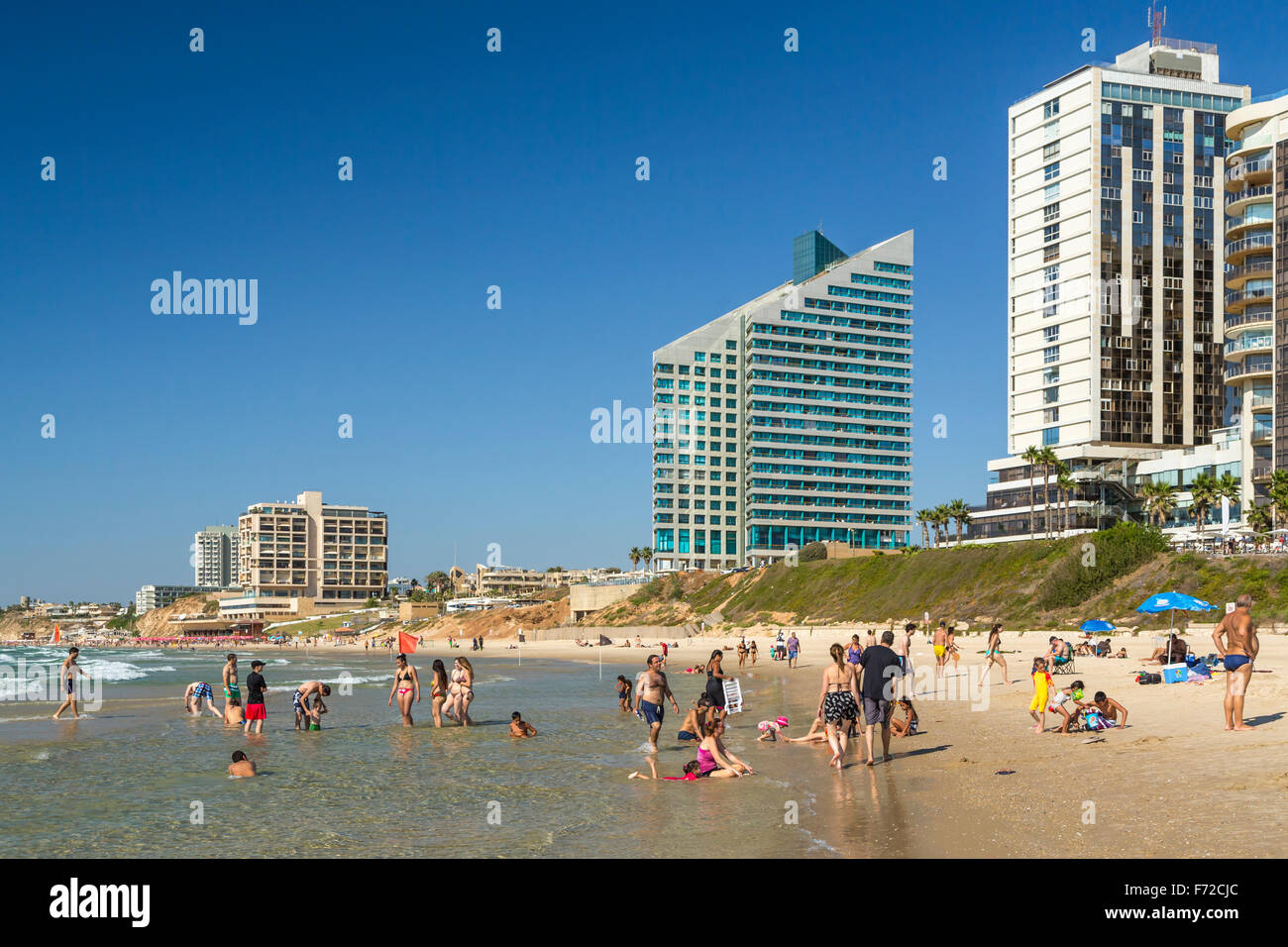 The beach, hotels and condos in Herzliya, Israel, Middle East Stock ...