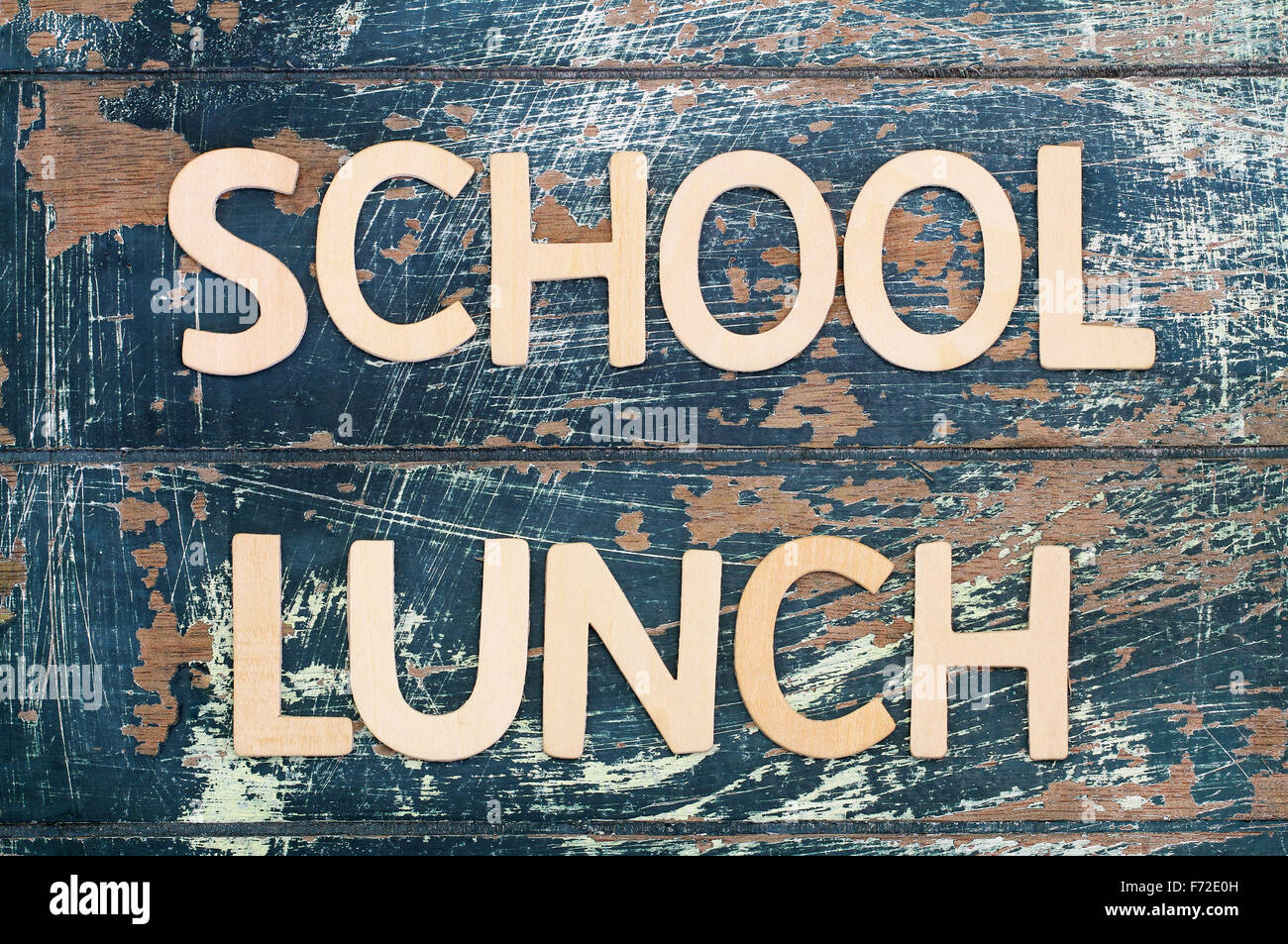 School lunch written with wooden surface on rustic surface Stock Photo ...