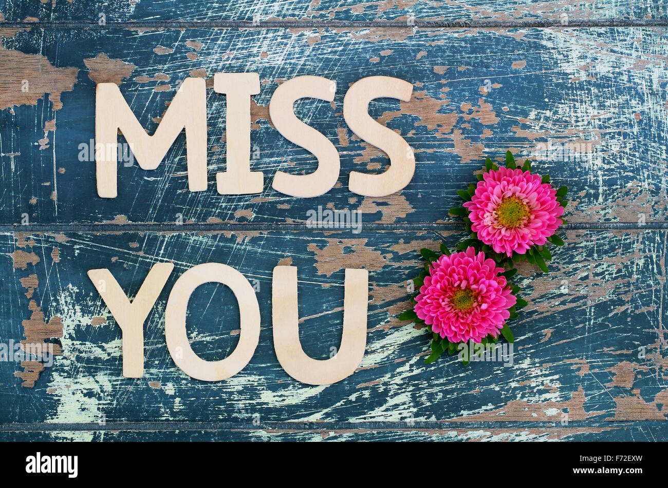 Miss you written with wooden letters on rustic surface and pink daisy ...
