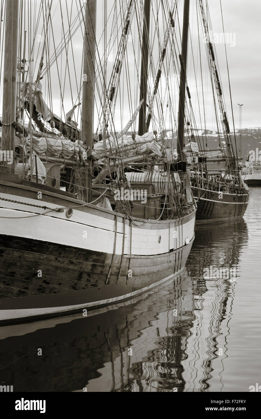 Wood Sailing Ship details mast and ropes Iceland Husavik harbor Stock ...