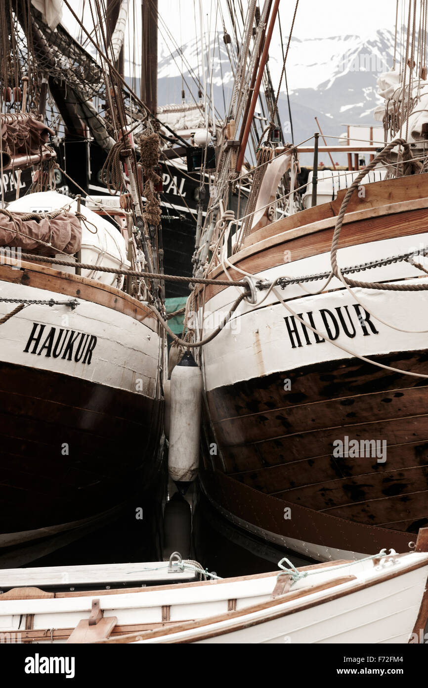 Wood Sailing Ship details mast and ropes Iceland Husavik harbor Stock ...