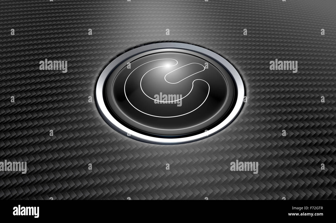 A closeup of a modern power button with white lights on a carbon fiber ...