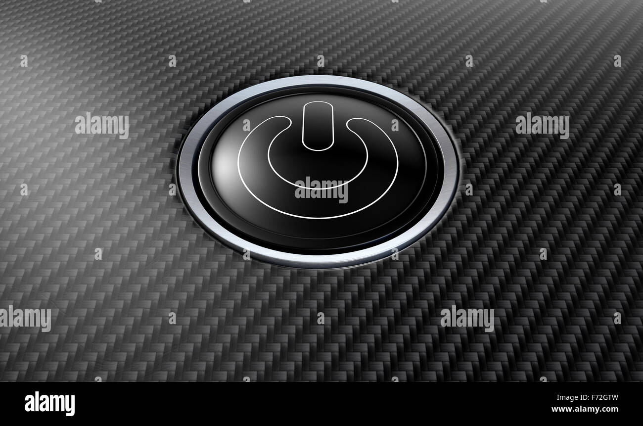 A closeup of a modern power button with white lights on a carbon fiber ...