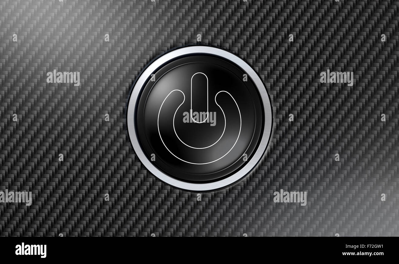 A closeup of a modern power button with white lights on a carbon fiber ...