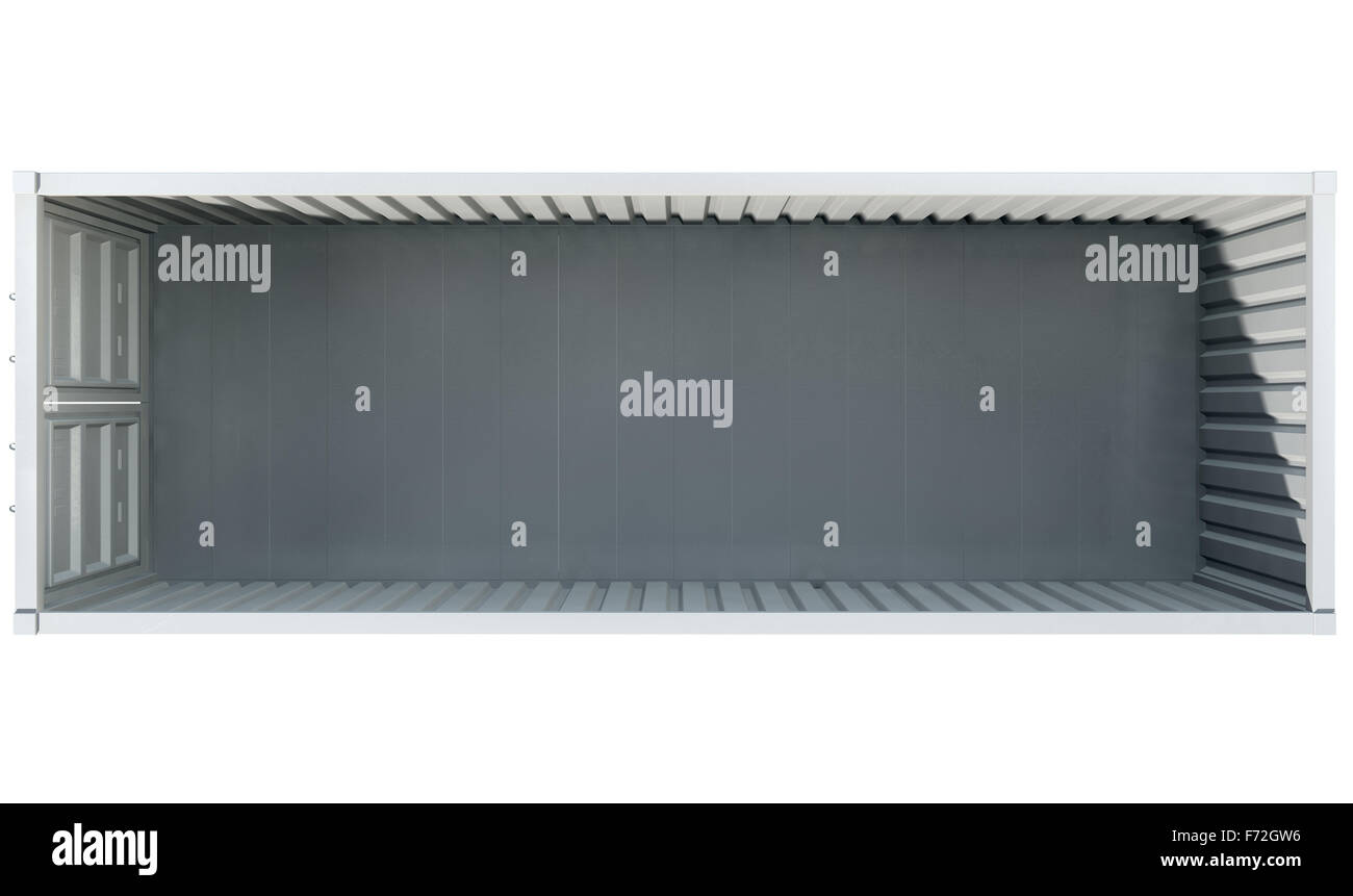 A direct top view of an open shipping container on an isolated white ...