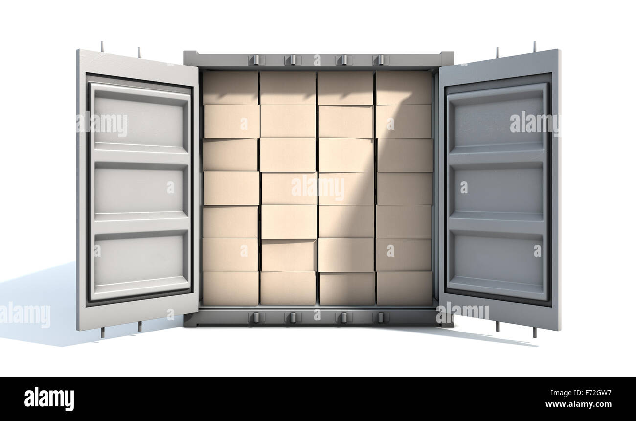 An open shipping container packed with cardboard boxes on an isolated ...