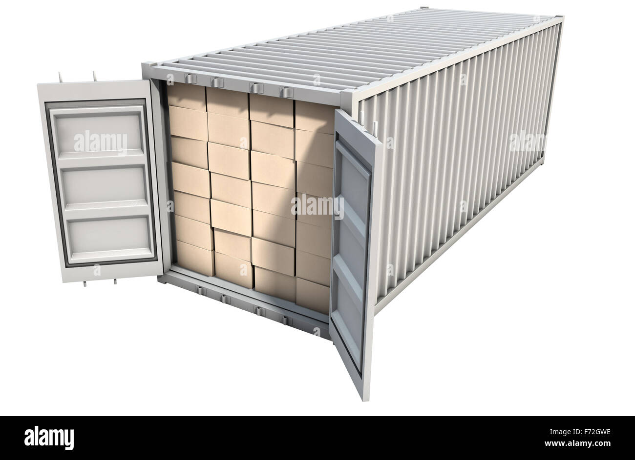 An open shipping container packed with cardboard boxes on an isolated ...