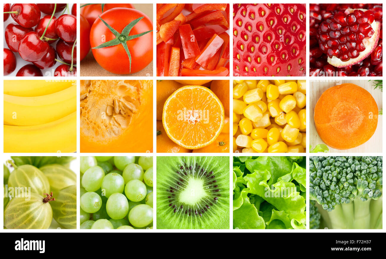 Collection with color fruits and vegetables. Food background Stock ...