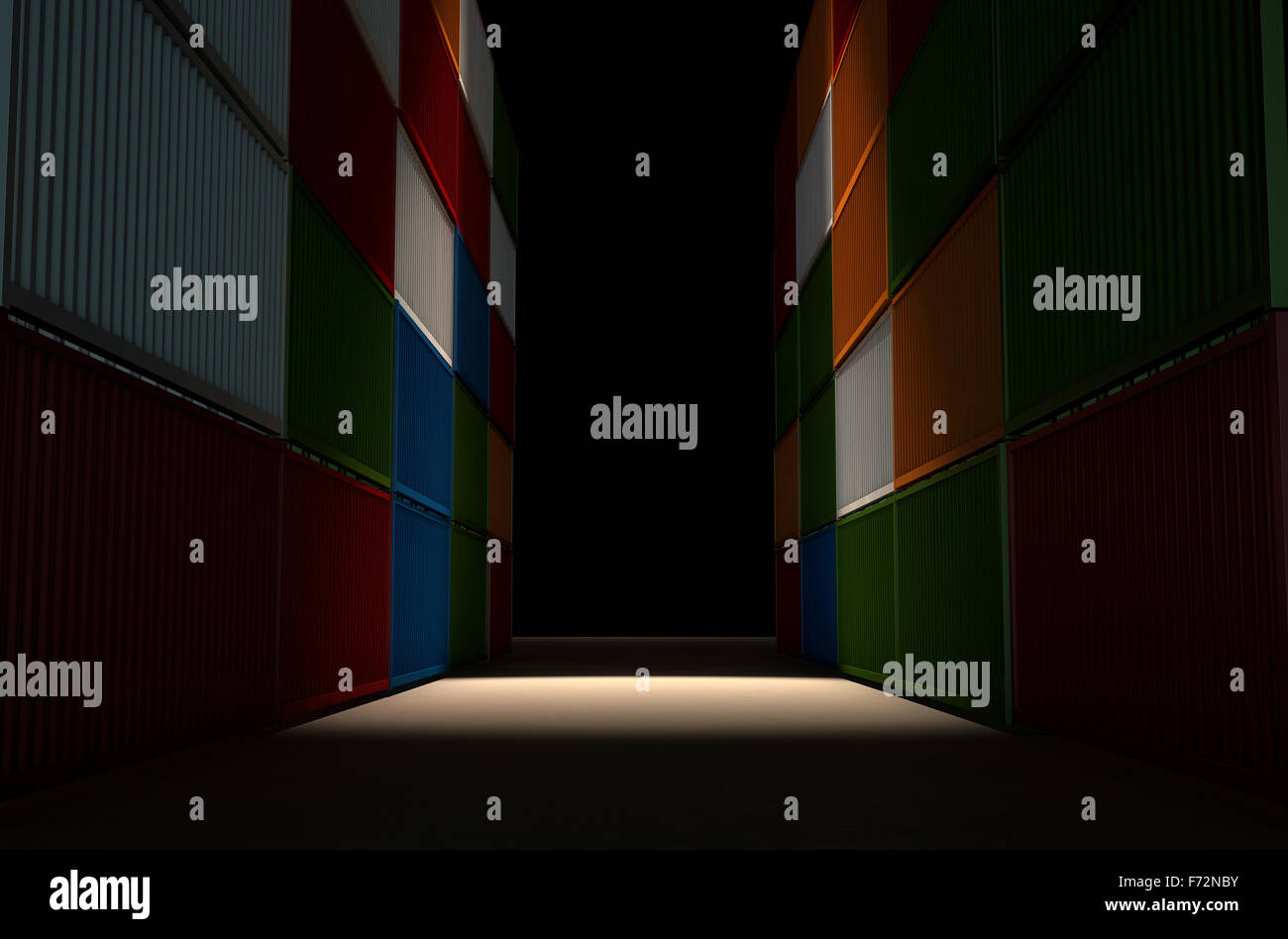 A corridor bewteen two rows of stacked colorful metal freight shipping ...