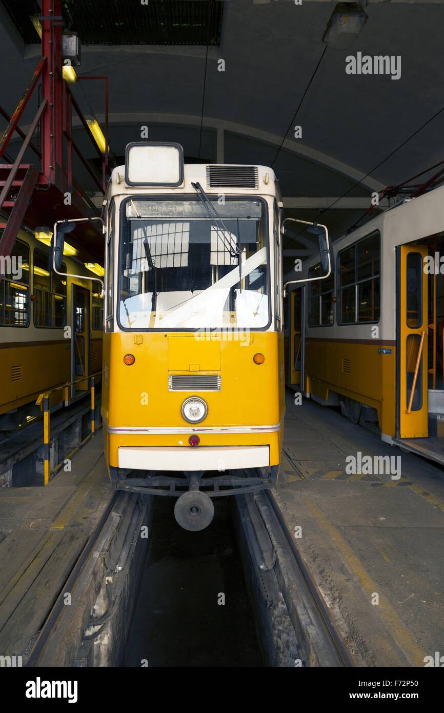 Yellow Old tram in garage Stock Photo - Alamy