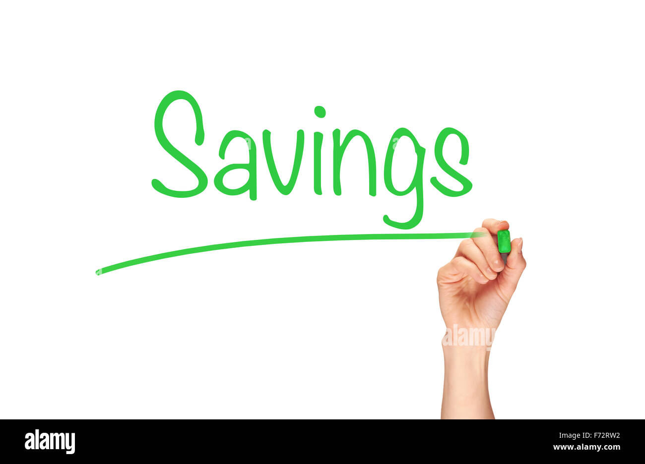 A woman's hand writing the word, Savings, on a clear screen Stock Photo ...