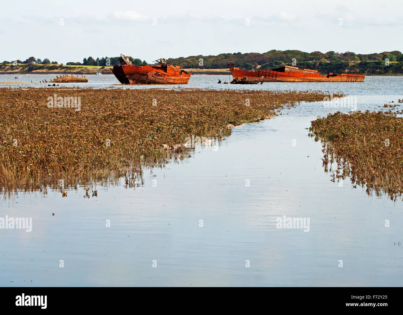 Swollen river at high tide, swamping and flooding the wrecked boats ...